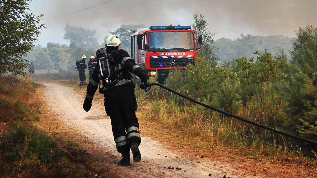 Brandweer bestrijdt brand in natuurgebied met blusapparaat op de rug