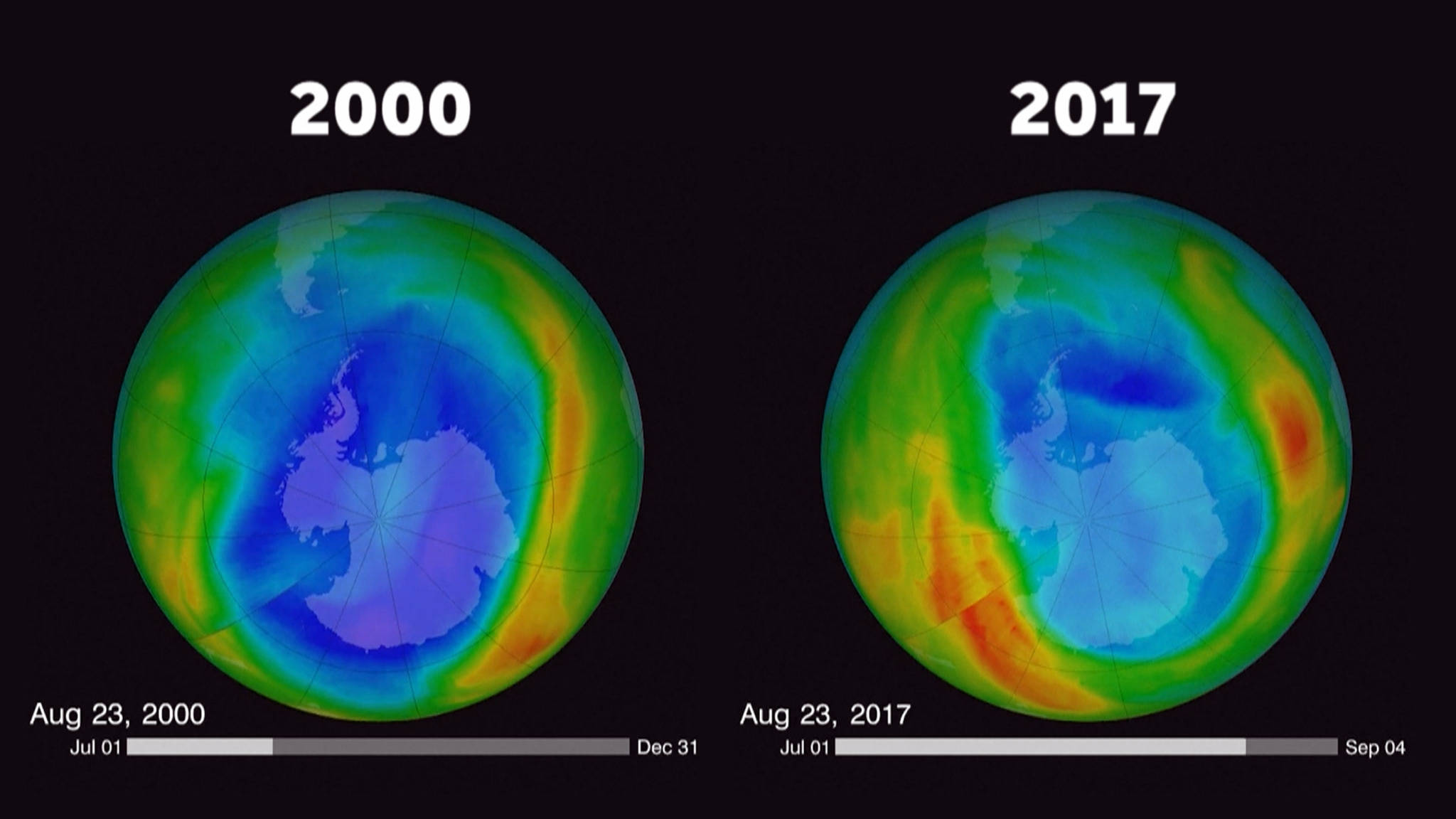 Het gat in de ozonlaag in 2000 en in 2017 | NOS
